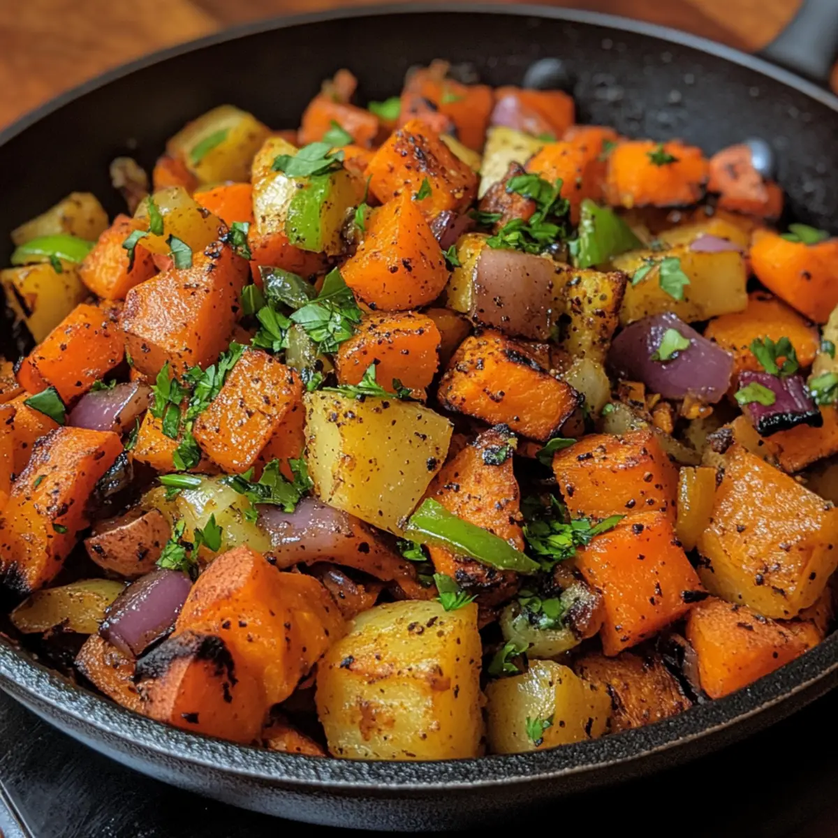 Easy Delicious Sweet Potato Veggie Skillet with Crispy Veggies